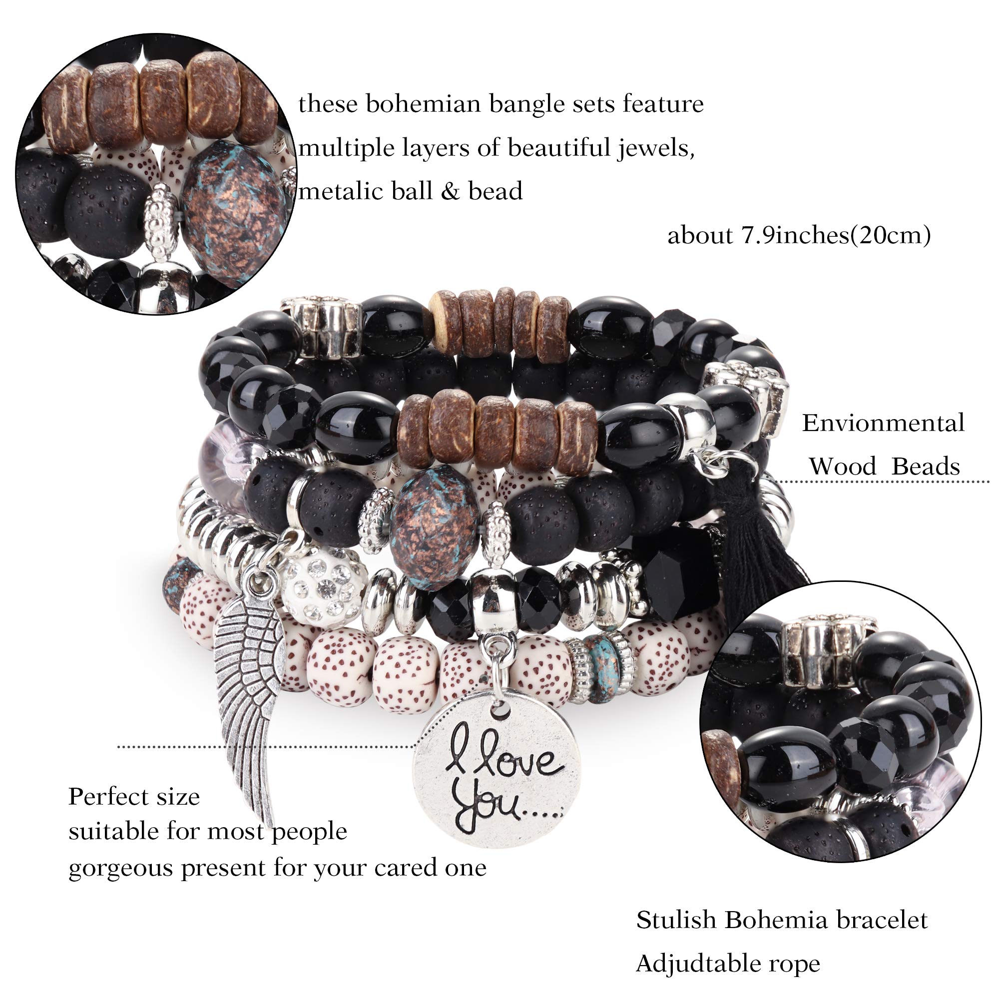 FIBO STEEL 8 Sets Bohemian Stackable Beads Bracelets for Women Boho Multilayer Stretch Wood Beads Bracelet Set Statement Charm Tassel Bangles