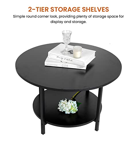 TOYSINTHEBOX Round Coffee Tables, Accent Table Sofa Table Tea Table with Storage 2-Tier for Living Room, Office Desk, Balcony, Wood Desktop and Metal Legs, Black 27.6 Inches