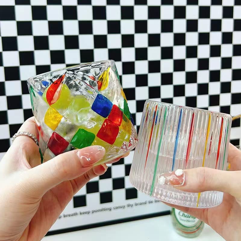 Jarler Wine Glass Crystal Whiskey Glasses Spinning Rocks Glasses with Rotatable Coaster, 9.2 Oz Hand Painted Colorful Old Fashioned Glass, Bar Tequila Glasses (Stripes, 1)