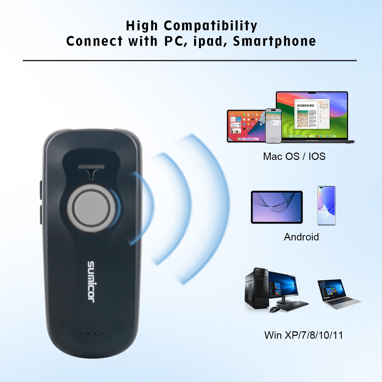 Sumicor Portable 2D Bluetooth Barcode Scanner, 1500mAh Rechargeable Battery with Level Indicator & Volume Keys, 3-in-1 Bluetooth & USB Wired & 2.4G Wireless Mini QR Barcode Scanner