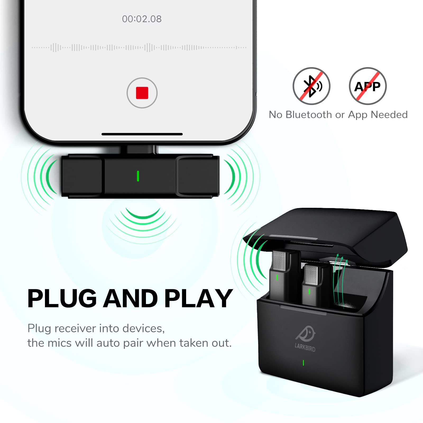 LARKBIRD 2 Pack Wireless Lavalier Microphones with 35Hrs Charging Case for USB-C Android Phones, Plug-Play 2.4G Lapel Mic with Noise Reduction & 328ft Range for Video Recording Live Stream