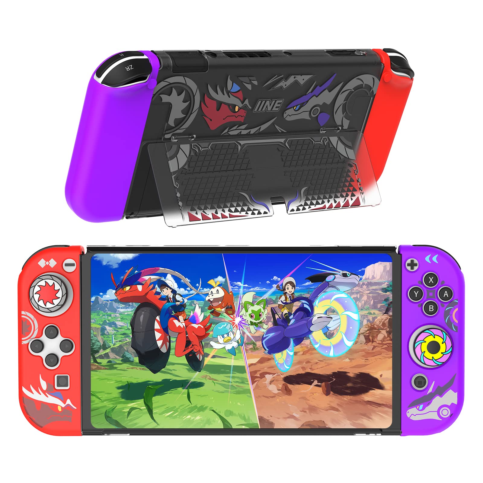 IINE Dockable Case Set for Nintendo Switch OLED, with Game Theme Print 5 in 1 Protective Case Cover Fit The Dock Station Package with 2pcs Soft Thumb Grip Covers
