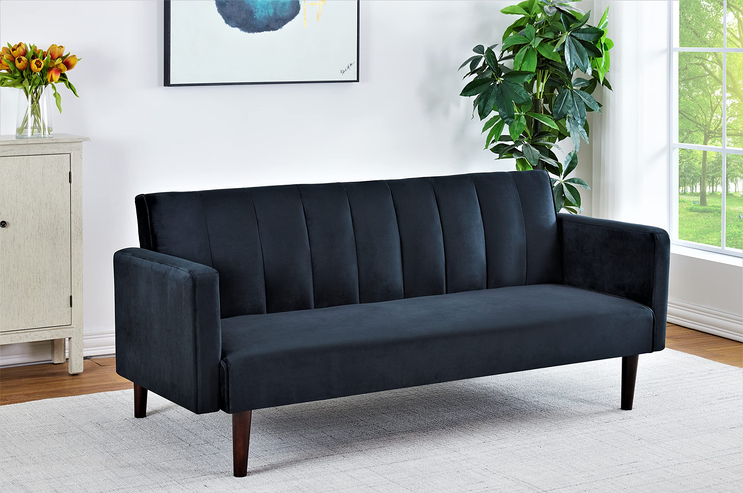 US Pride Furniture Classical Style Soft Square Arm 72’’ Wide Black Velvet Tufted Twin Size Convertible Sofa Bed with Solid Wooden Legs & High Density Foam (SB9105-9111) Sofabed