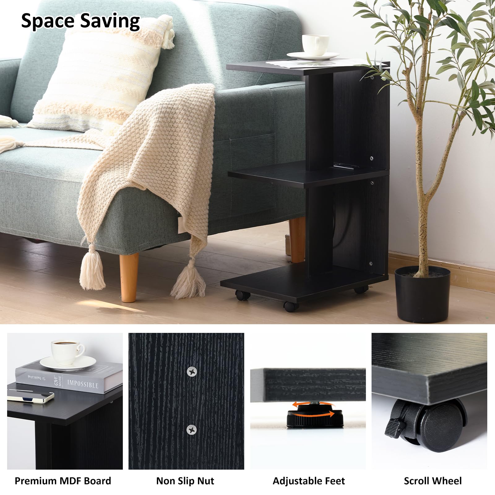 Fixwal End Table with Charging Station, Modern 3-Tier Narrow Side Table, Bedside Table with USB Ports and Outlets, Rolling Bedside Nightstand with Storage Shelf, for Living Room, Bedroom, Black