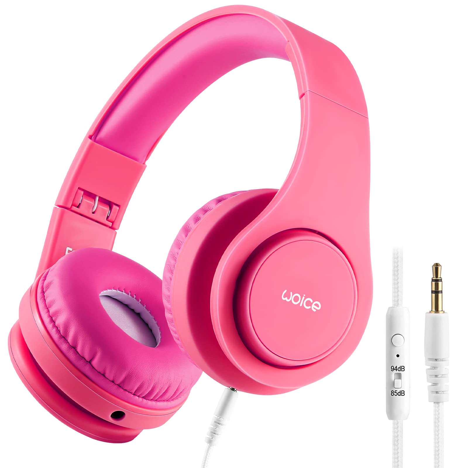 Kids Wired Headphones with Microphone, 85/94dB Volume Limiter, Shareport, Foldable Adjustable Stereo Tangle-Free 3.5MM Wire Cord Over-Ear Headphone for Smartphones/PC/Tablet/School/Trip(Pink)