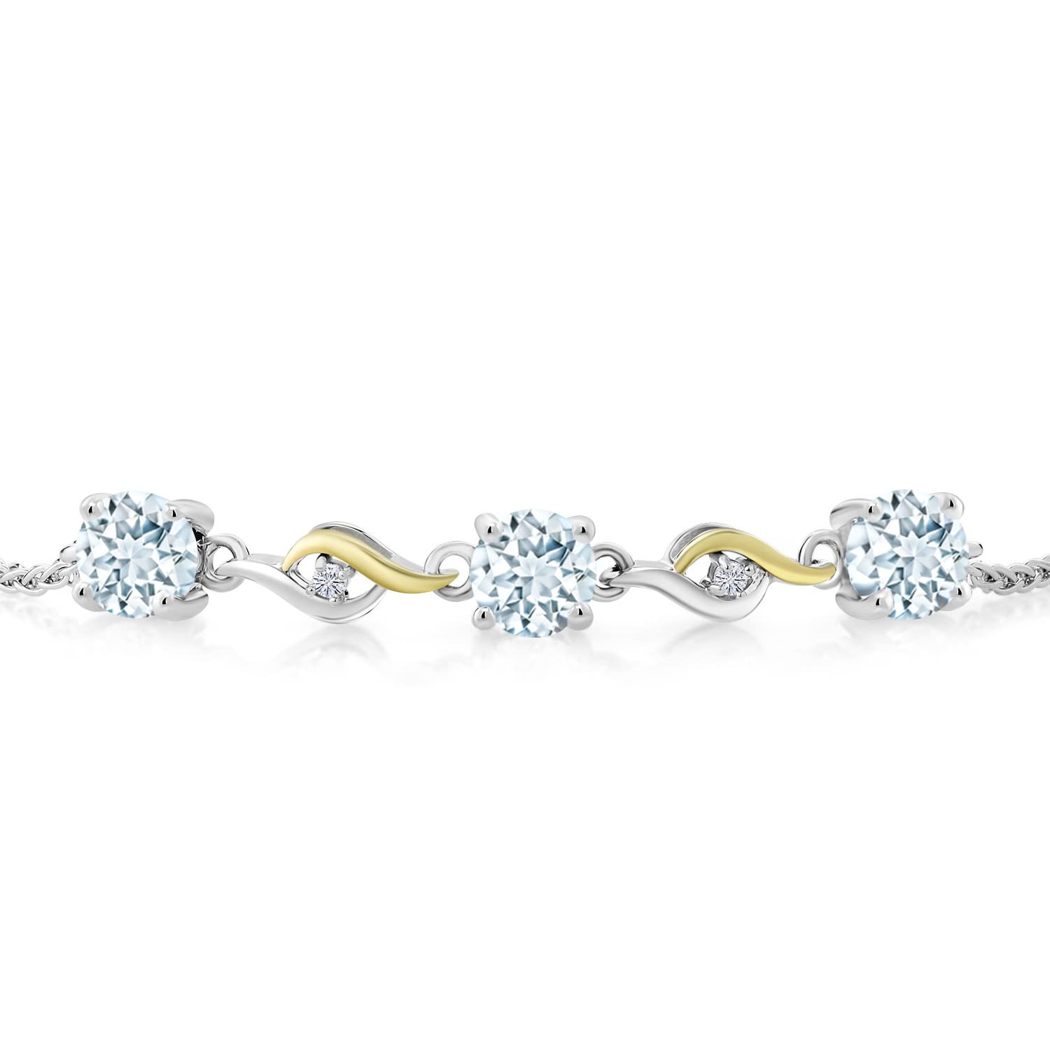 Gem Stone King 925 Silver and 10K Yellow Gold Bracelet For Women Round Sky Blue Aquamarine and Moissanite (1.52 Cttw)