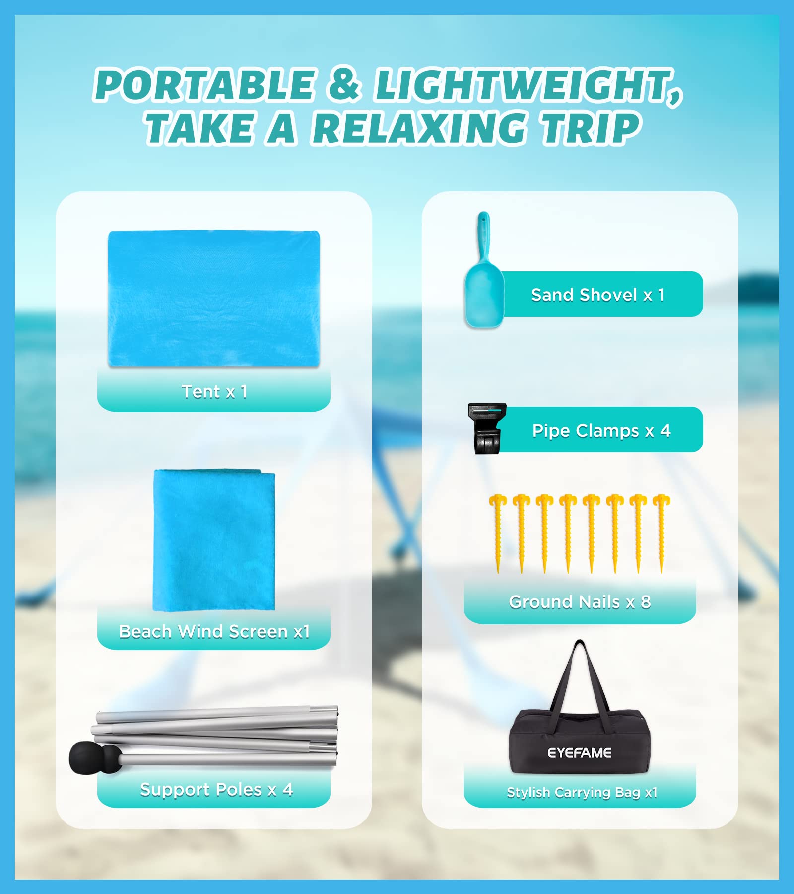 EYEFAME UPF50+ Anti-Wind Beach Tent with Sandproof Private Beach Wind Screen, Stable 8 Sandbags Design Beach Canopy Sun Shade with Carrying Bag, Portable Easy Assemble Sun Shelter for Outdoor Camping