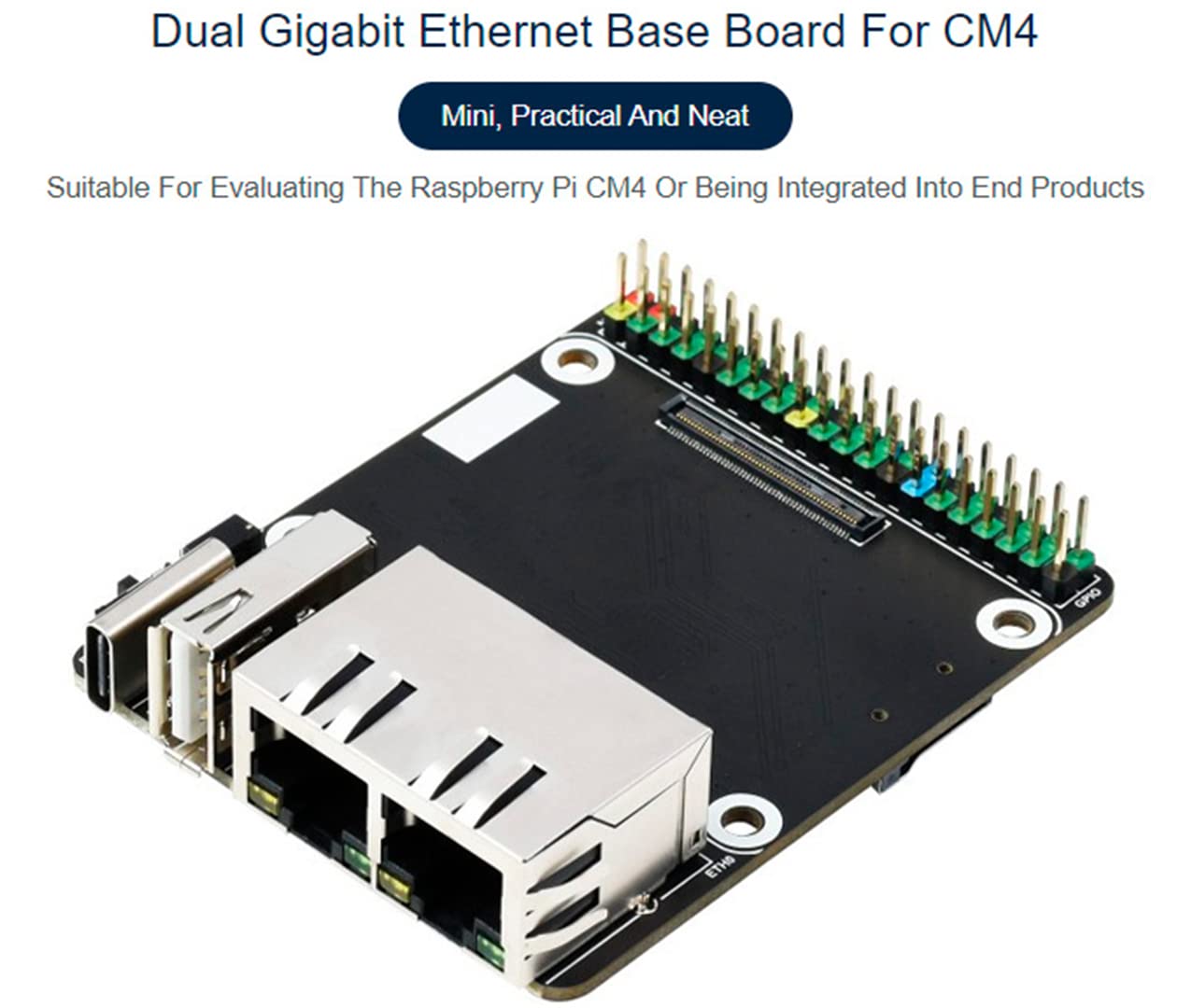 Mini Dual Gigabit Ethernet Base Board for Raspberry Pi Compute Module 4 Lite/eMMC Series,Onboard Dual Gigabit Ethernet RJ45,USB 2.0 Port Connector,40PIN GPIO Header