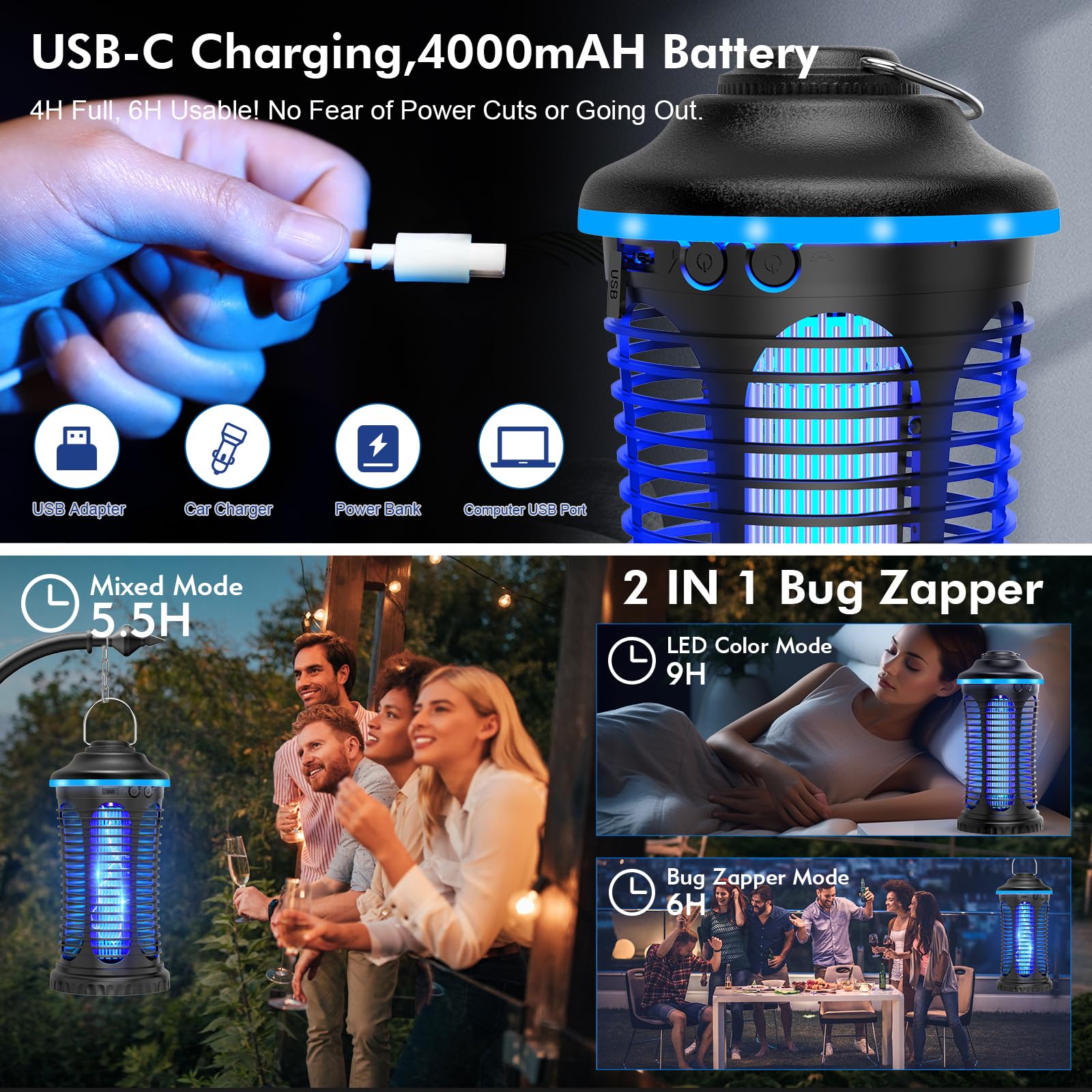 HumiLife Rechargeable Bug Zapper Outdoor & Indoor, Mosquito Fruit Fly Trap, Gnat Moths Catcher, 4200V Grid, USB Charging, 4000mAh Battery, Fit for Home, Kitchen, Backyard, Camping, Patio, Black