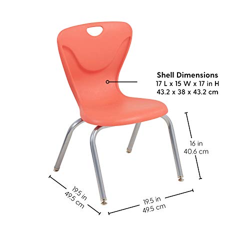 FDP 16" Contour School Stacking Student Chair, Ergonomic Molded Seat Shell with Powder Coated Silver Frame and Swivel Leg Glides; for in-Home Learning or Classroom - Tangerine (4-Pack)