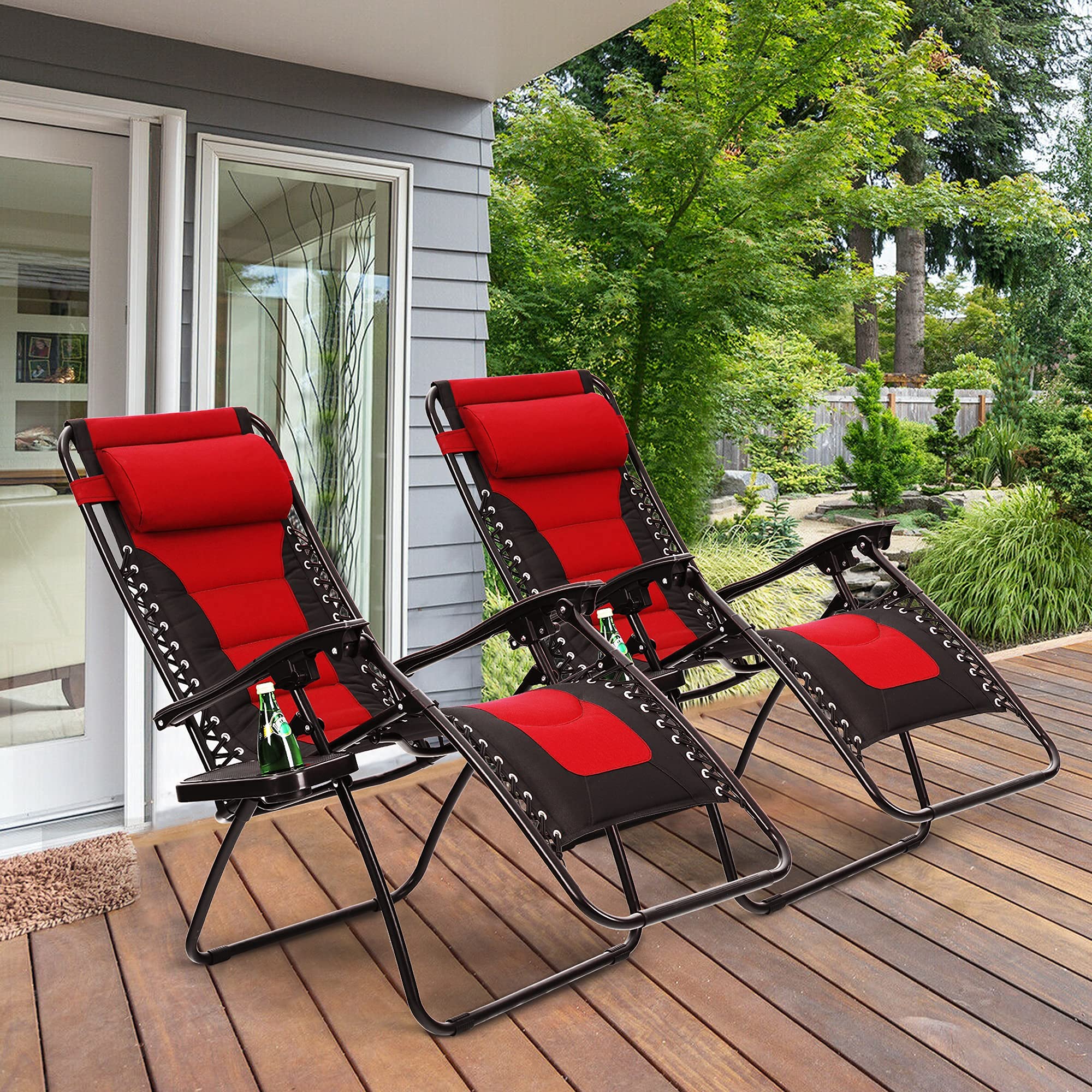 MAISON ARTS Oversized Padded Zero Gravity Lawn Chair Foldable Patio Recliner Anti Gravity Lounge Chair w/Pillow & Cup Holder Outdoor Camp Chair for Poolside Backyard Beach, Support 300lbs, Red