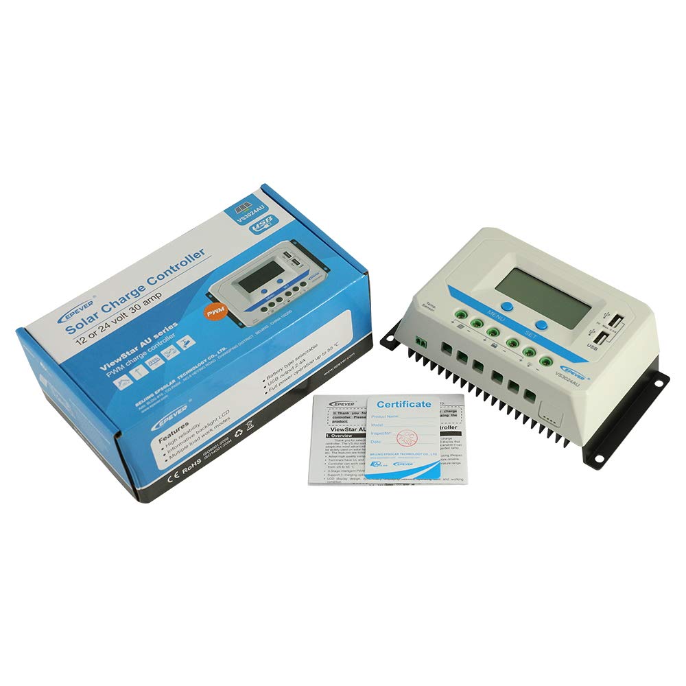 EPEVER 30A Solar Charge Controller 12V/24V Auto, Solar Charge Regulator 30 amp Max input 360W/12V/, 720W24V with LCD Display and Dual USB 5V Output, for Lead-Acid Gel Sealed Flooded Batteries(VS3024AU