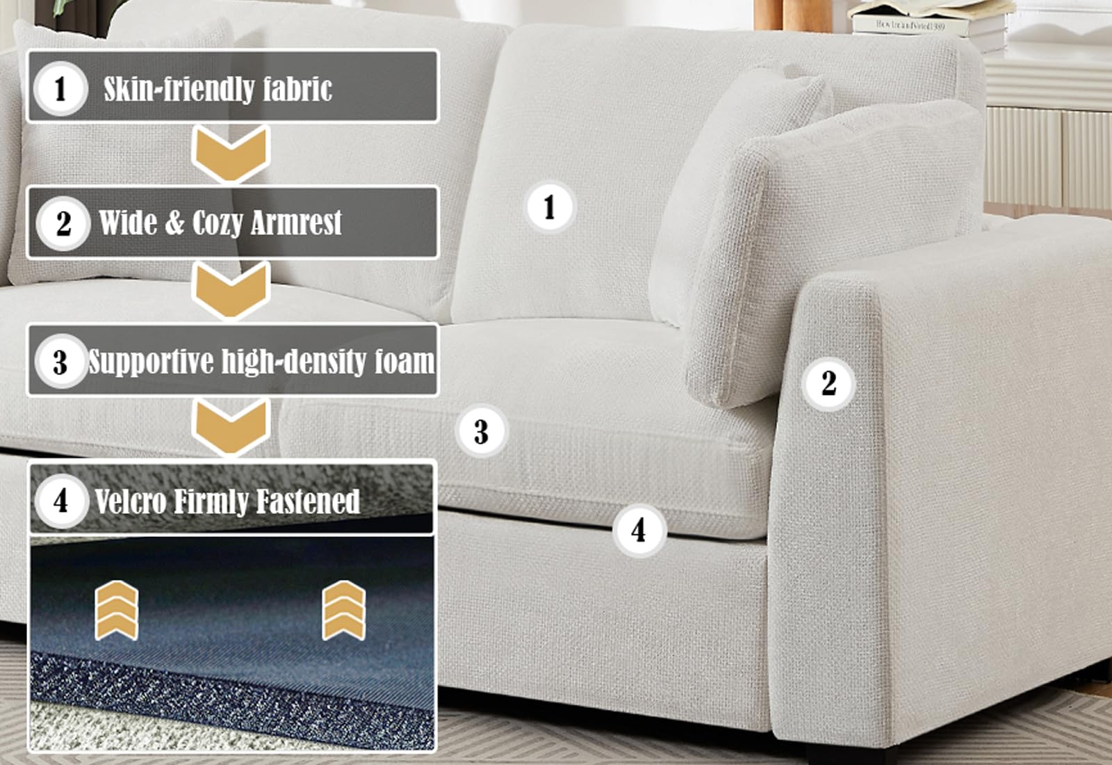 Sectional Sofa Deep Couch with Chaise Modular Sectional Couch with Extra Large Ottoman Corduroy Sectioanl Sofa Sleeper Couch for Living Room Apartment (White, 3 Seater with Ottoman)