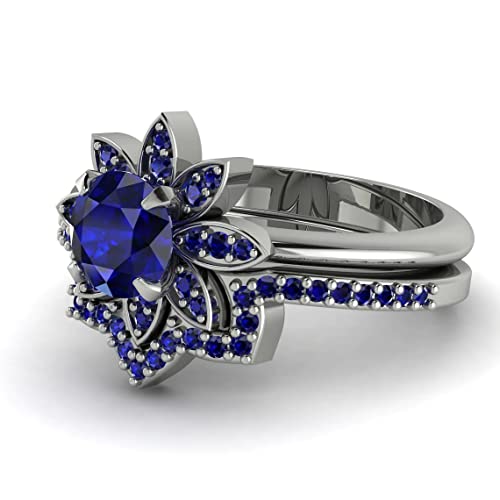 Jewelryonclick 925 Sterling Silver Ring Created Blue Sapphire Minimalist Flower Bridal Set Stacking Wedding Jewelry Easy to Wear Engagement Oranments for Womens Size : 6