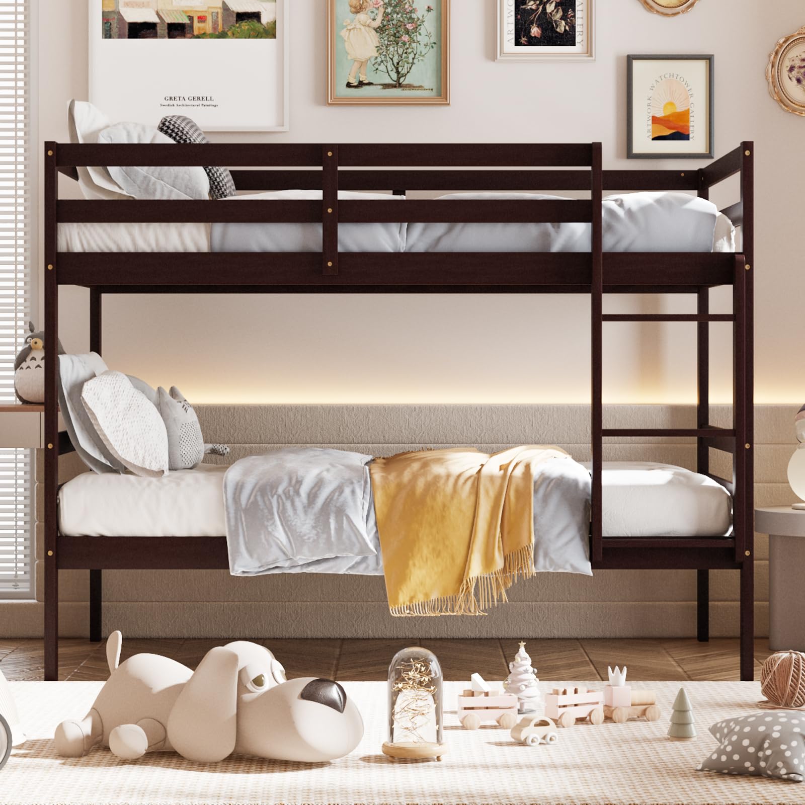 Giantex Bunk Bed Twin Over Twin White, Solid Wood Bunk Bed with Sturdy Ladder & 12 Inch Safety Guard Rails, Twin Size Wood Bed Frame for Dormitory, No Box Spring Needed, Bunk Beds for Kids Teens