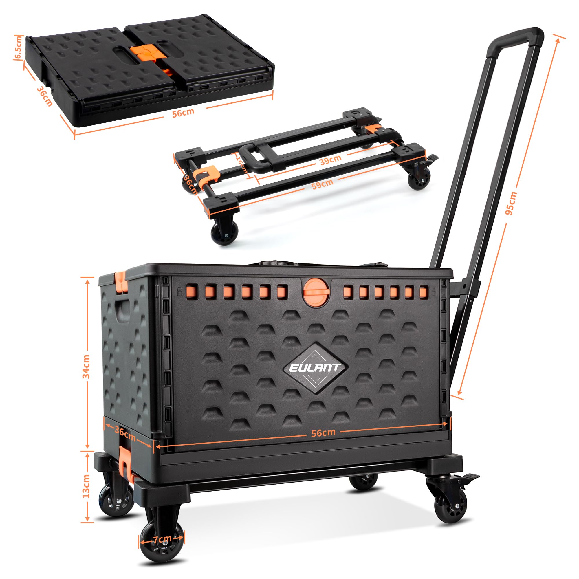 EULANT Foldable Rolling Utility Carts with Wheels, Collapsible Crate Handcart with Telescopic Handle, Large Capacity Folding Shopping Cart for Travel Moving Luggage Office Grocery