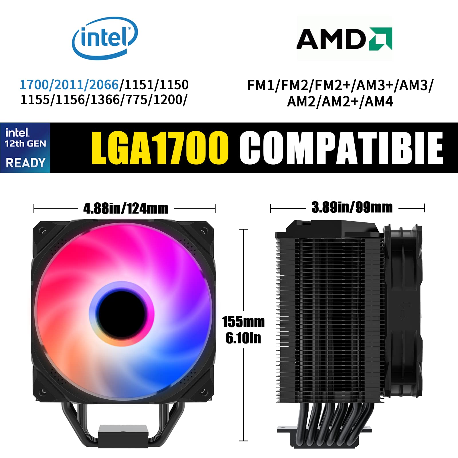 novonest CPU Air Cooler,6 Heat Pipes Fully Pressed Copper Flat Base,PWM 120mm Processor 230W TDP Black Cooler,5V ARGB Light Sync/Auto RGB,Intel LGA 1700/2011/2066, AMD AM5/AM4/AM3/AM2,C6C
