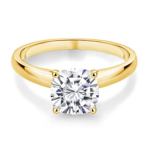 Gem Stone King 10K Yellow Gold Solitaire Ring Cushion Moissanite (2.40 Cttw) (Size 7)