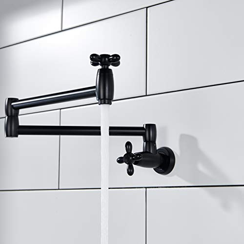 KRUZOO Pot Filler Kitchen Faucet Solid Brass Folding Wall Mount Stretchable Double Joint Swing Arm Single Hole 2 Handles Extending Arm,Matte Black