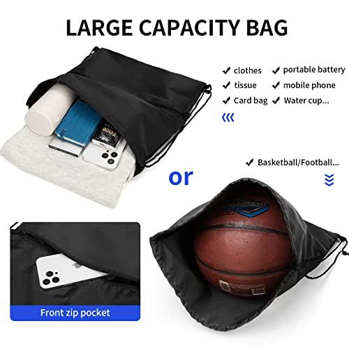 TEABAN Gym Drawstring Bag, Waterproof Drawstring Backpack with Zipper Pocket, Men's and Women's Fitness Drawstring Bag Swimming Bag, Black Large Capacity(19.3''x15.3'')