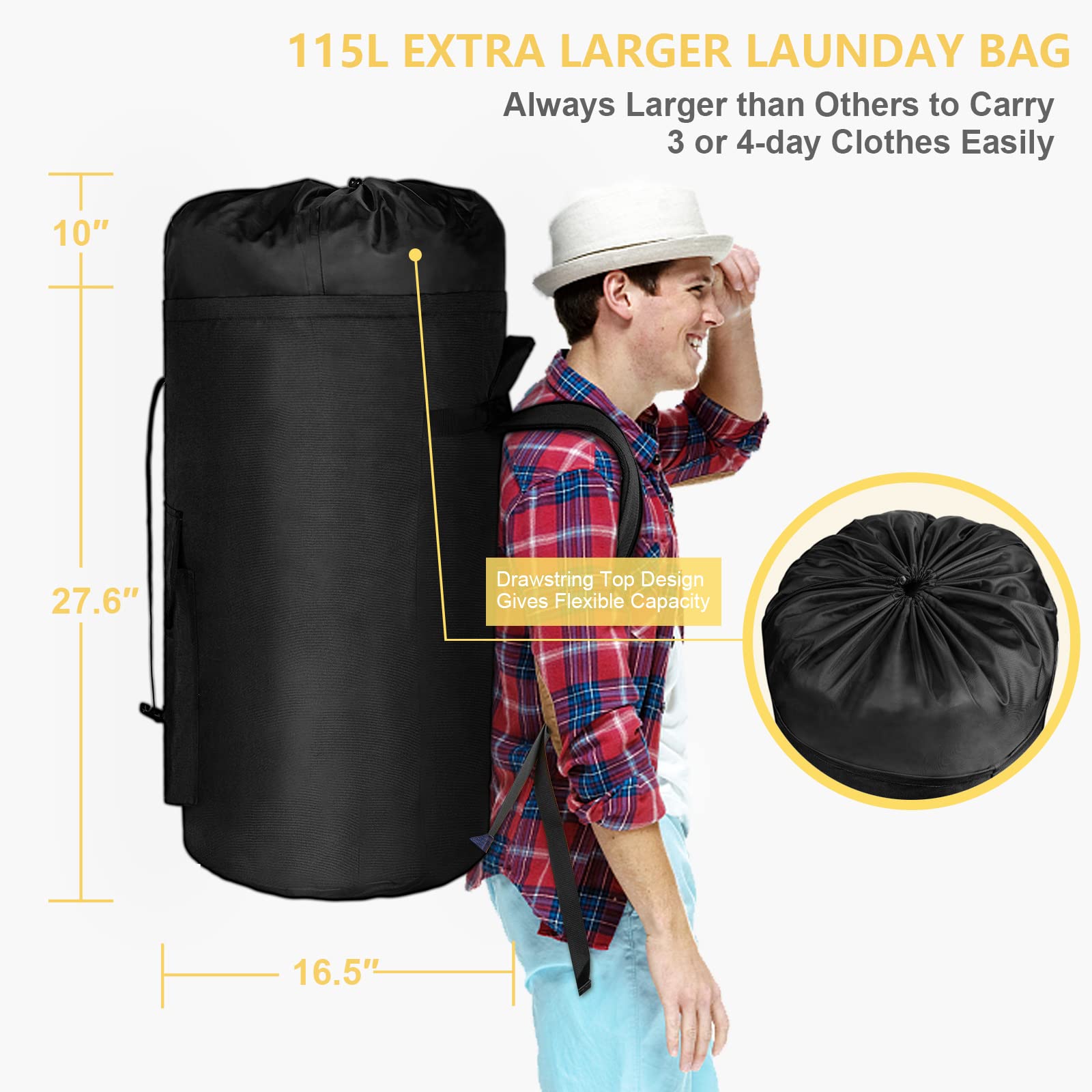 Laundry Backpack Bag, 115L Extra Large Laundry Bag with straps, Heavy Duty Laundry Bag Backpack, Portable Backpack laundry bag for College Dorm, Apartment(Black)