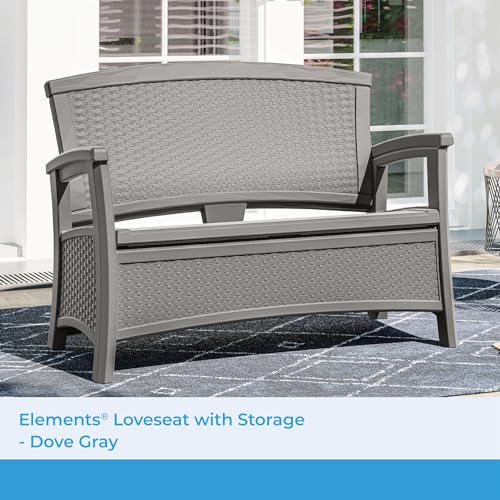 Suncast Elements Outdoor Resin Loveseat with 23-Gal. Storage Area, Modern Storage Sofa for Patios, 47" W x 29.75" D x 35.5" H, Gray