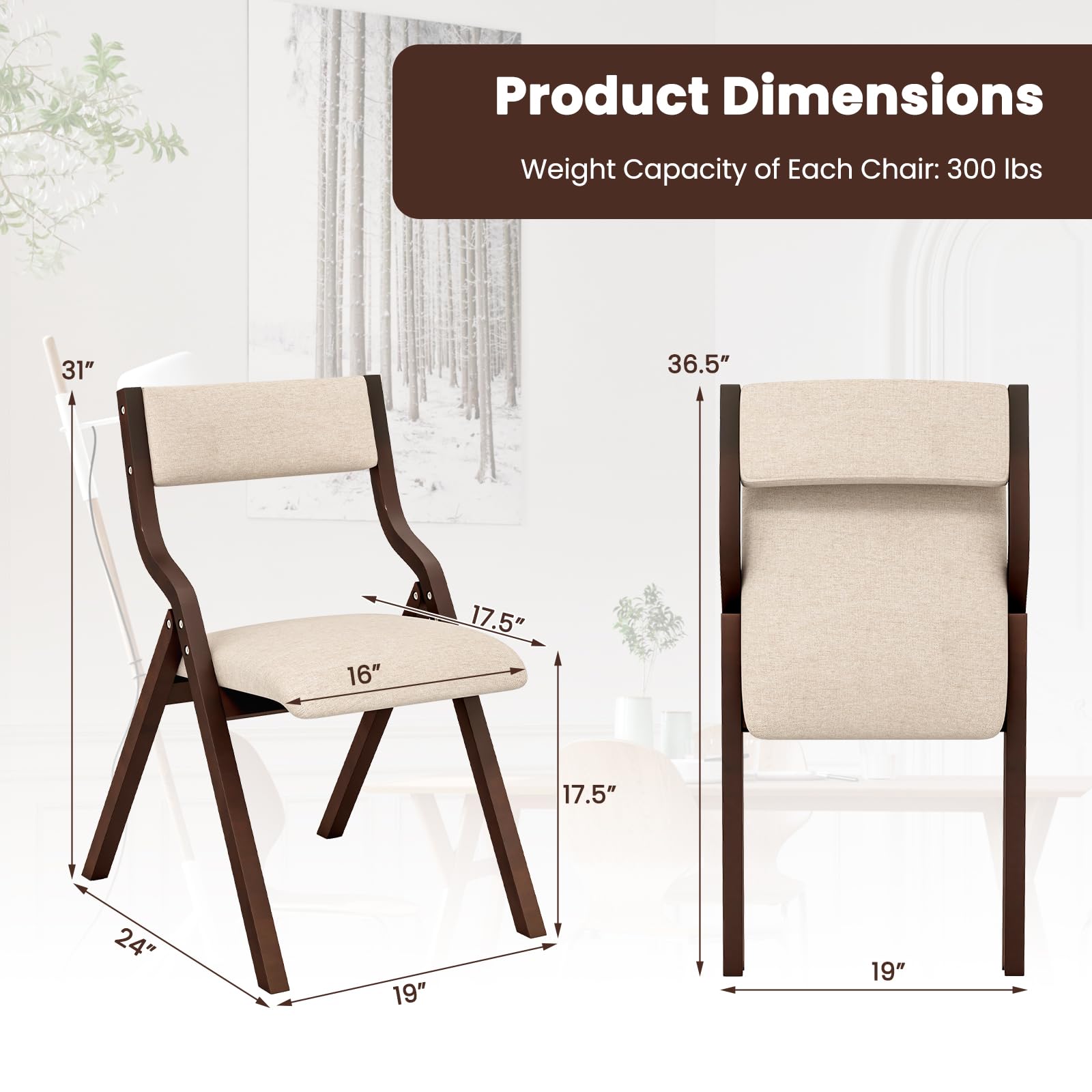 Giantex Folding Dining Chairs Set of 2, No Assembly Folding Chairs w/Linen Padded Seats, Wood Foldable Kitchen Chairs, Easy to Store Extra Event Chairs, Padded Folding Chair for Wedding Guests Party