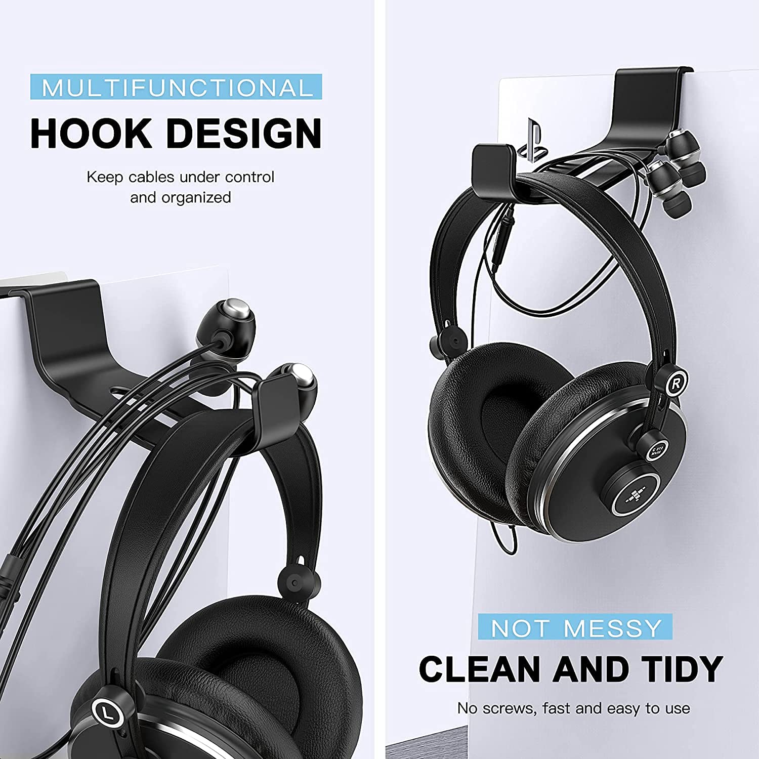 Headphone Stand & Gamepad Controller Hanger Holder(2 Pack) for PS5, Xbox Series X, Xbox Series S, Screwless Hook Stand Accessories - Black