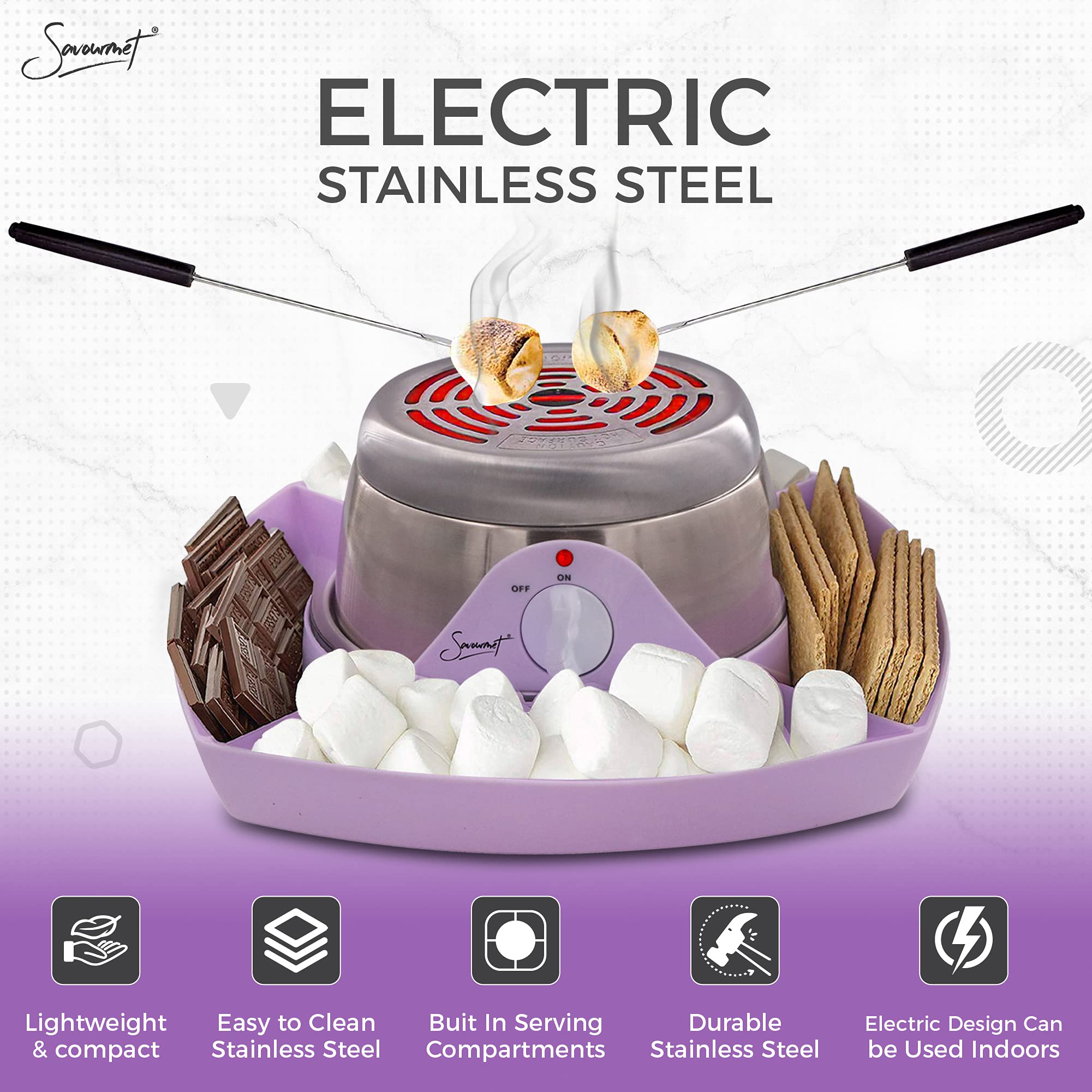 Flame less Smores Maker, Electric Stainless Steel Smores Maker Tabletop Indoor with 4 Roasting Forks and 4 Compartment Trays for Chocolate, Marshmallows and Graham Crackers