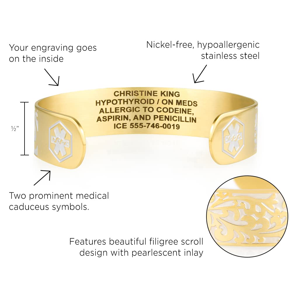 Lauren's Hope Custom Engraved Medical ID Cuff Bracelets for Women, Rose Gold, Silver and Gold (Gold Tone)