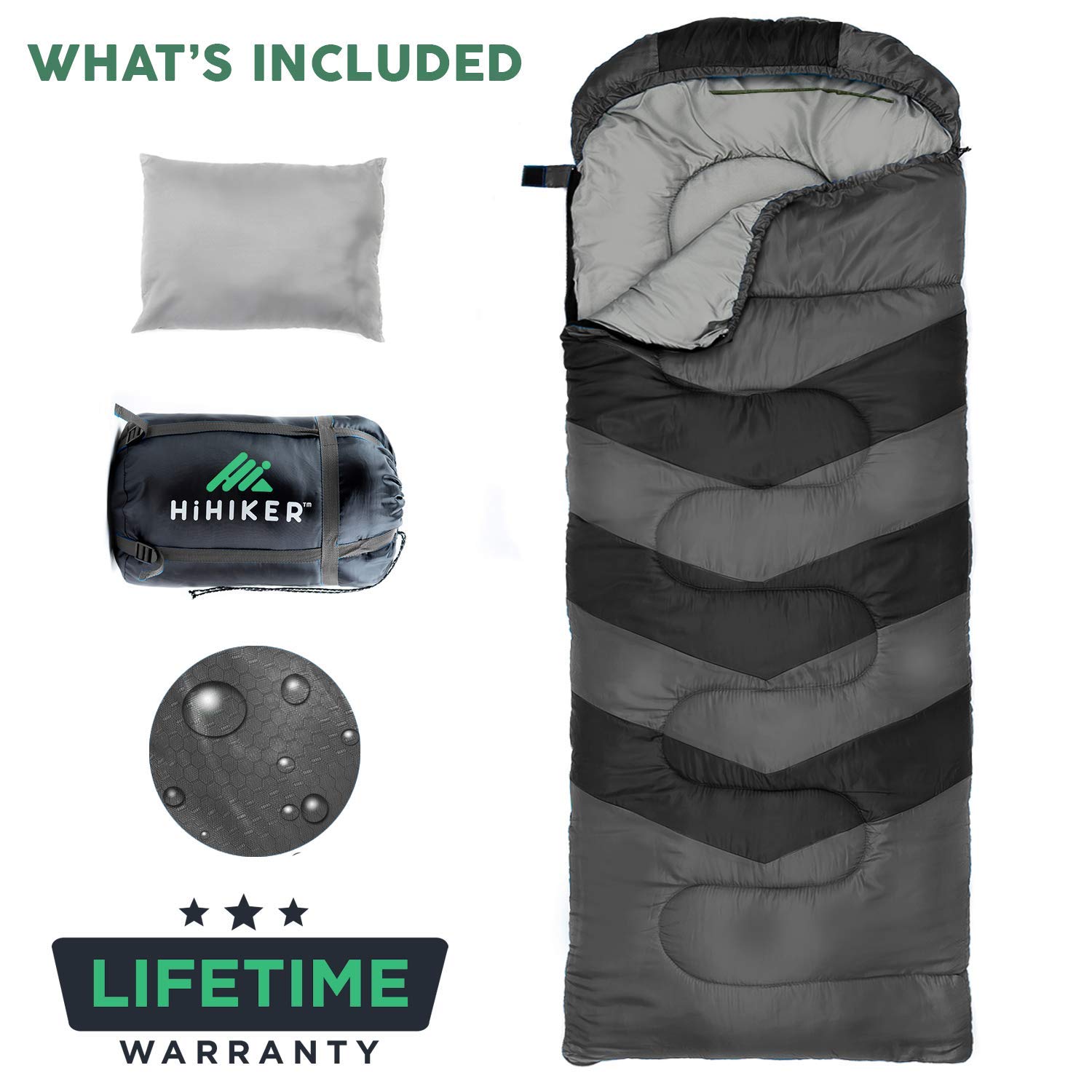 HiHiker Camping Sleeping Bag + Travel Pillow w/Compact Compression Sack β 4 Season Sleeping Bag for Adults & Kids β Lightweight Warm and Washable, for Hiking Traveling & Outdoor Activities (Gray)