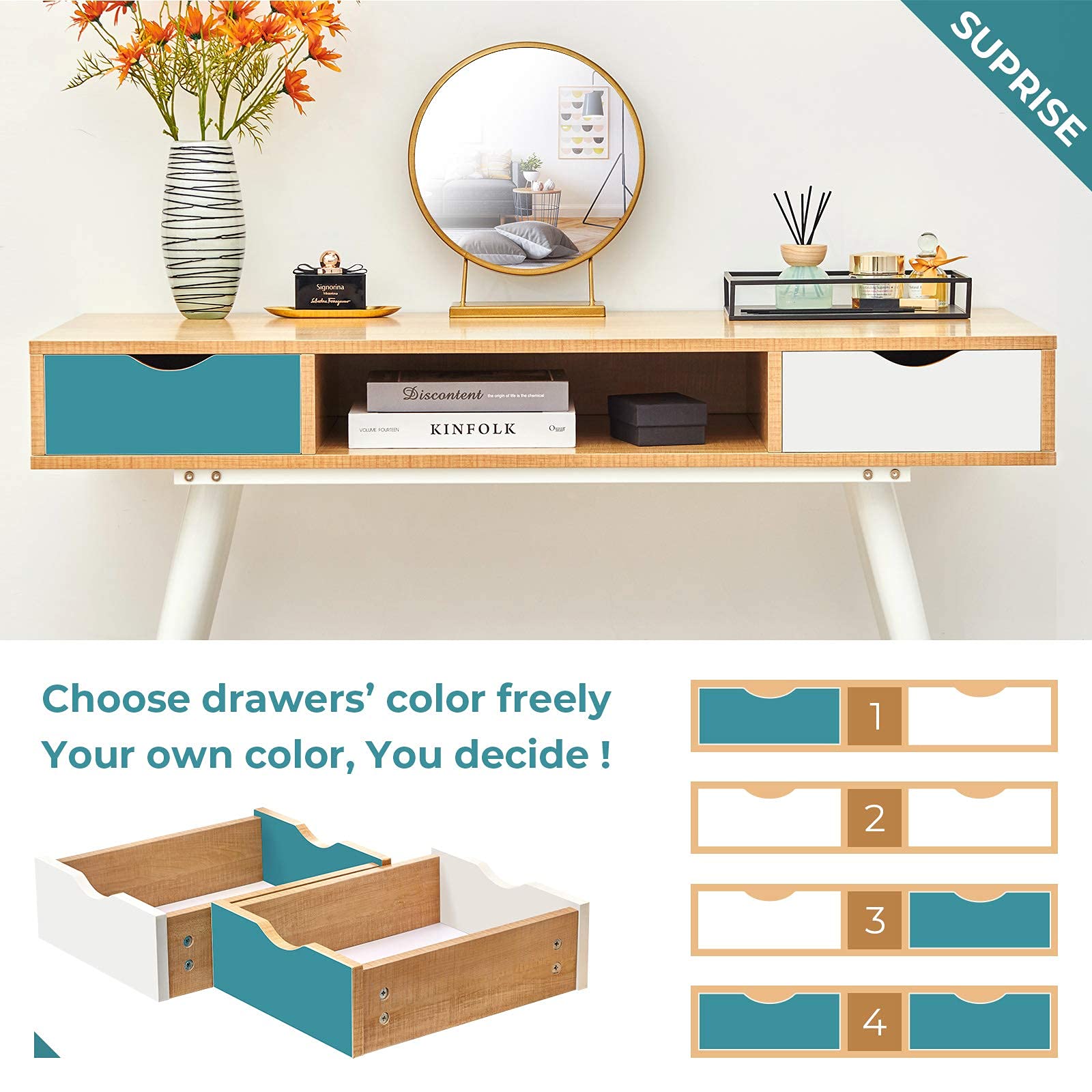GreenForest 47inch Computer Office Desk with Drawers for Small Space Room Home Bedroom Writing Study Desk with Three Storage Vanity Makeup Dressing Table with White Metal Legs for Kids Adults