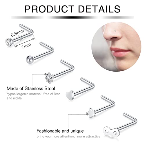 Incaton 33PC 20G Stainless Steel Nose Rings Hoops L Shaped Studs Screw Nose Piercings Jewelry for Women Men Silver Rose Gold Black Rainbow