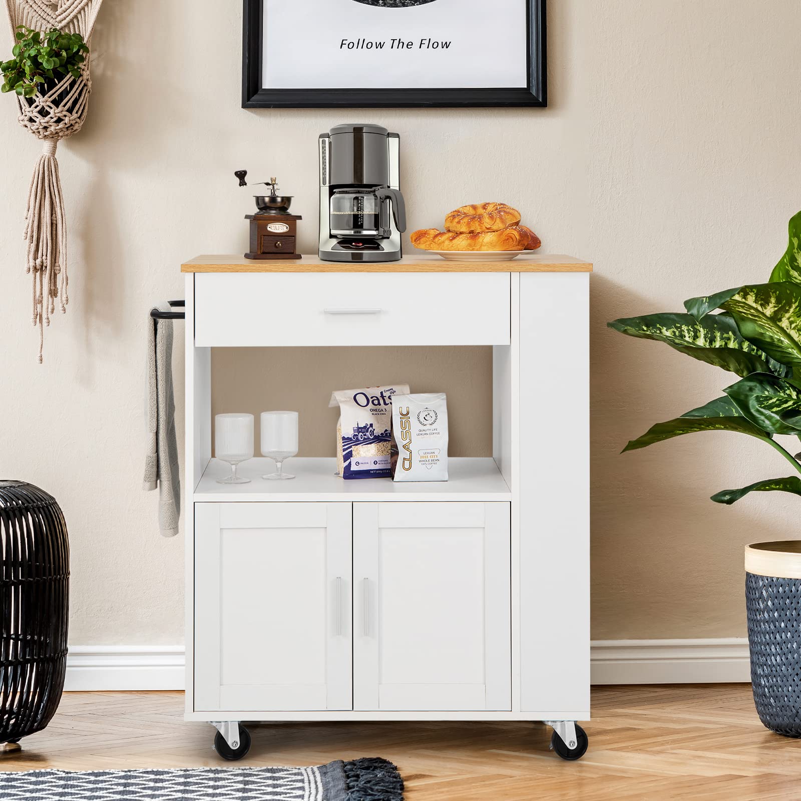 Giantex Kitchen Island on Wheels, Rolling Trolley Cart with 3 Spice Racks, 2-Door Cabinet, Storage Drawer, Open Shelf, Kitchen Serving Cart for Dining Room Bar (White)