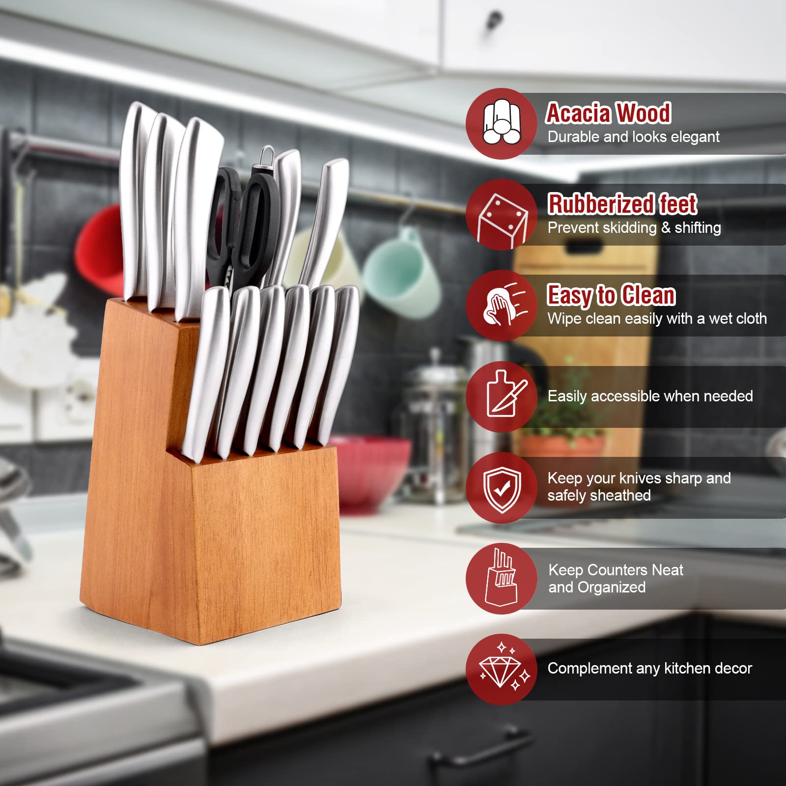 Knife Set for Kitchen with Block, E-far 16-Piece High Carbon Stainless Steel Knife Sets Includes Chef Utility Paring Steak Serrated Bread Knife & Sharpener Kitchen Shears, Full Tang & Forged Blades