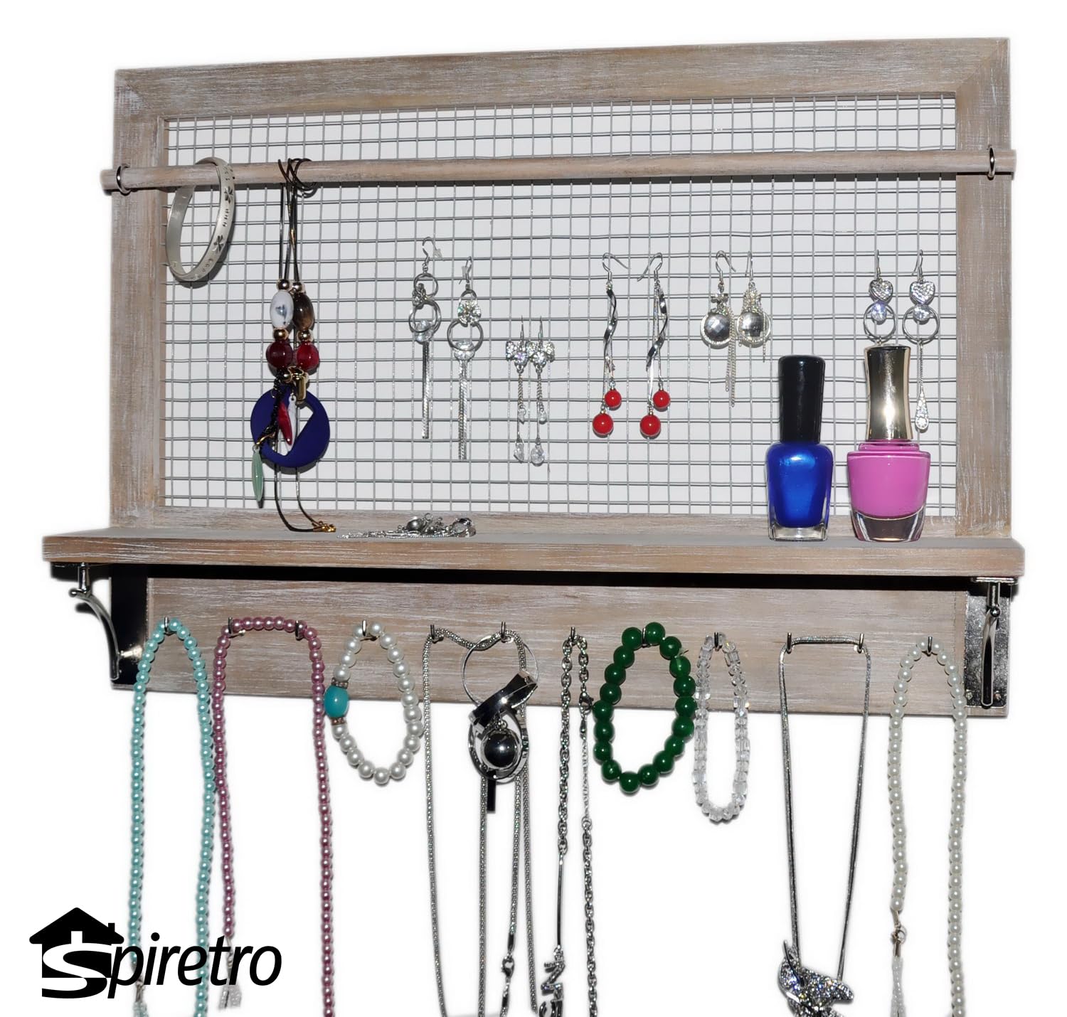 Spiretro White Jewelry Organizer, Wall Mount Jewelry Holder Rack with Hooks Shelf and Removable Rod Hanging Display Earrings Necklaces Bracelets Rings Storage Accessories Wood
