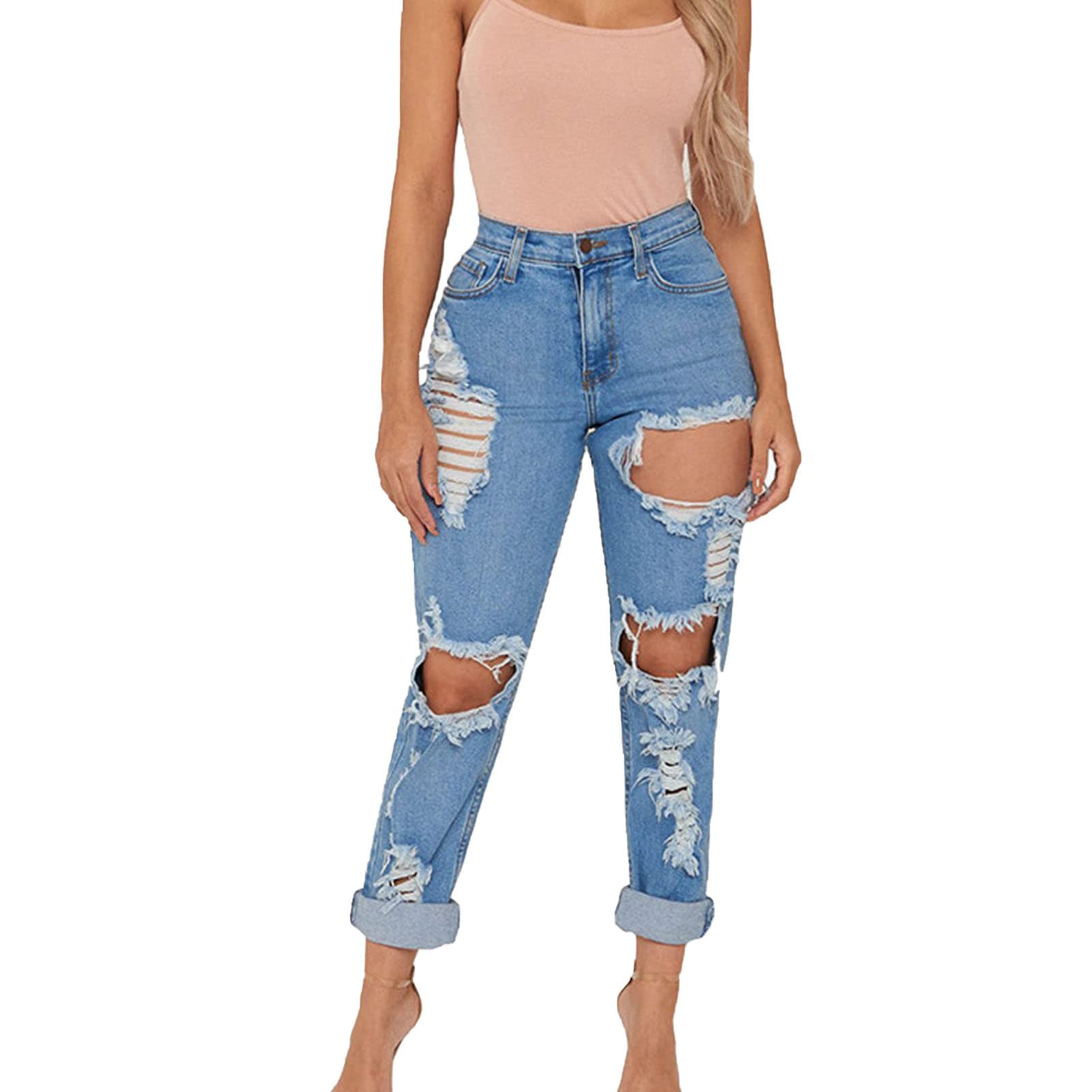 Maiyifu-GJ Women's High Waisted Ripped Boyfriend Jeans Loose Fit Distressed Destroyed Denim Pants Casual Comfy Stretch Jeans (Blue,Large)