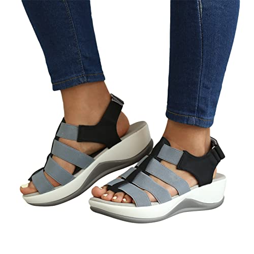 Ladies Fashion Summer Breathable Stretch Cloth Platform Wedge Hook&Loop Sandals Wedge Heels for Women Sandals