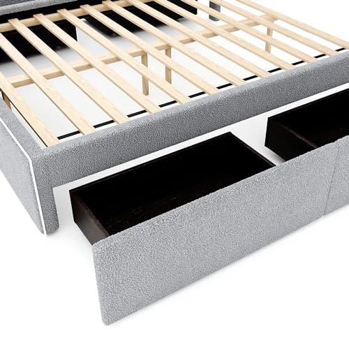 EMKK Full Size Upholstered Platform Bed with 4 Drawers and Golden Edge on The Headboard & Footboard,Bedframe for Kids,Adults Bedroom, w/4 Drawers Tufted Headboard