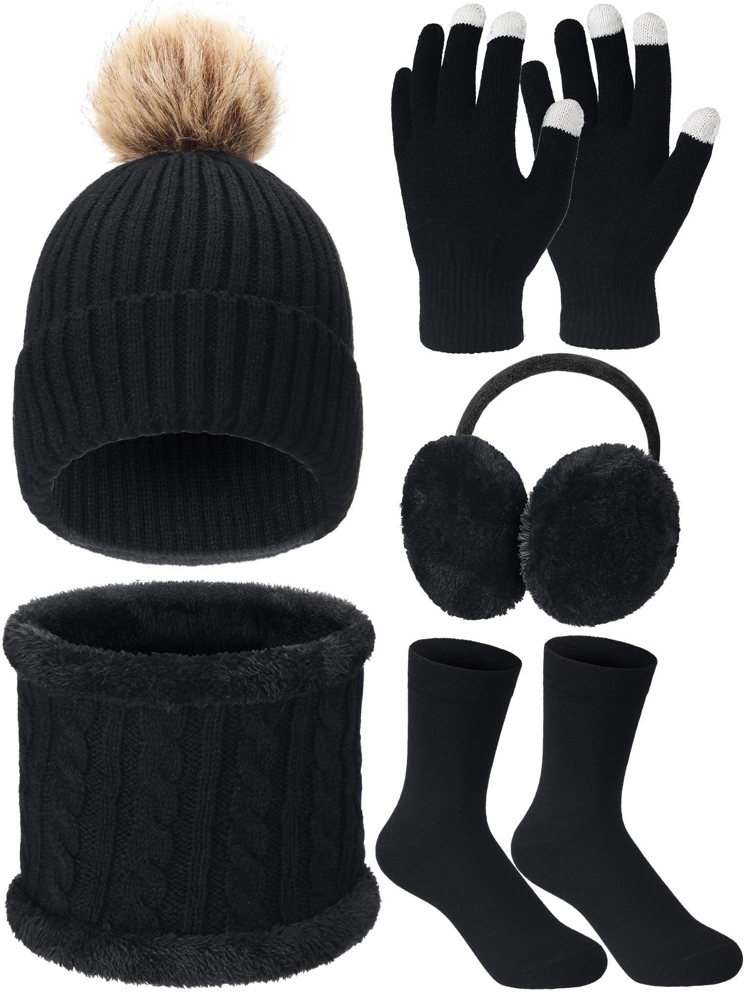 Eurzom 5 Pcs Women Warm Hat and Gloves Scarf Set Knitted Beanie Ski Outing Pompom Hat Winter Ear Warmer Ski Earmuffs Stocking (Black)