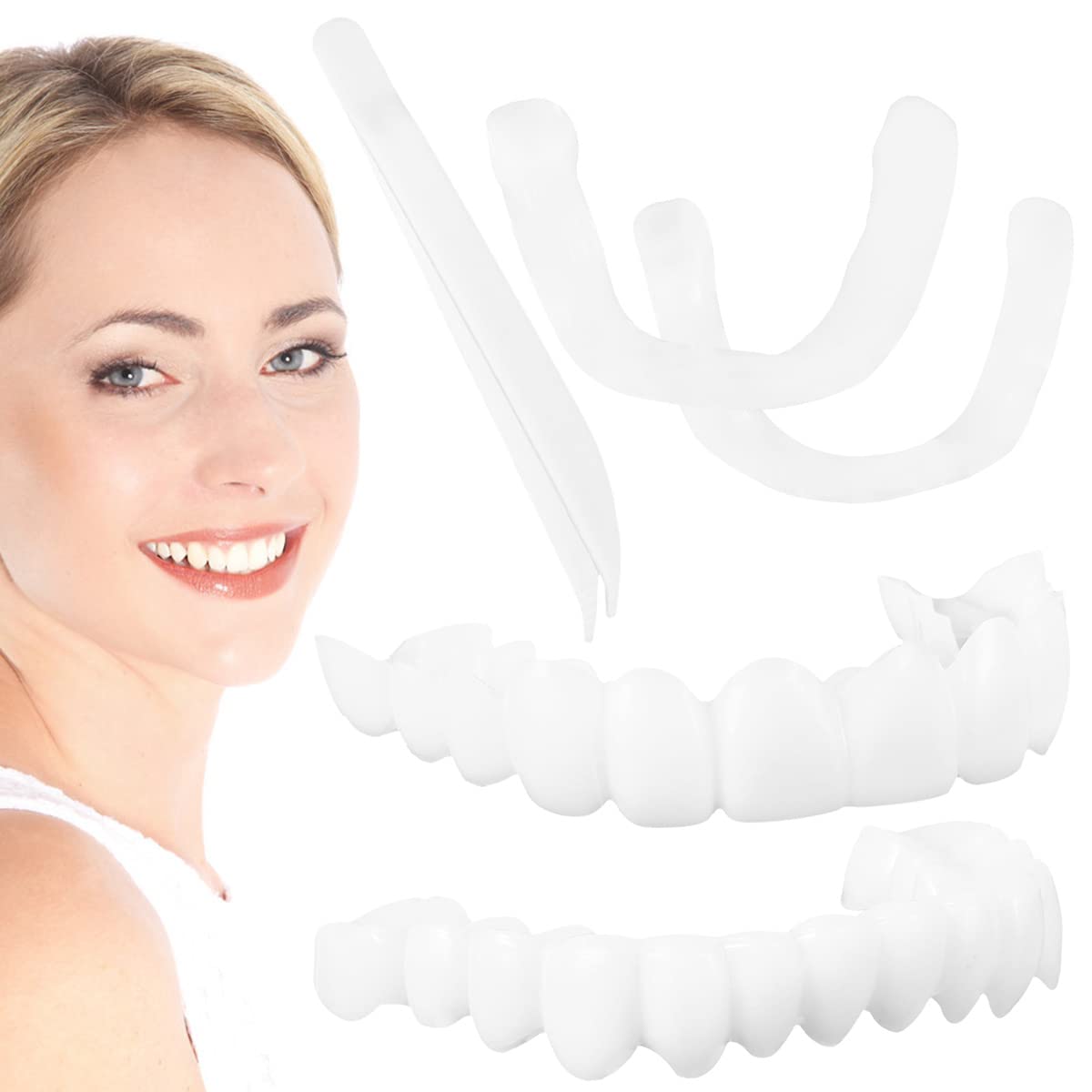 NUAHRHY Denture Braces Temporary Veneers Fake Teeth Cover Simulation Braces Cosmetic Comfortable Denture False Fake Teeth Cover Confidence Smile for Women and Men (White)