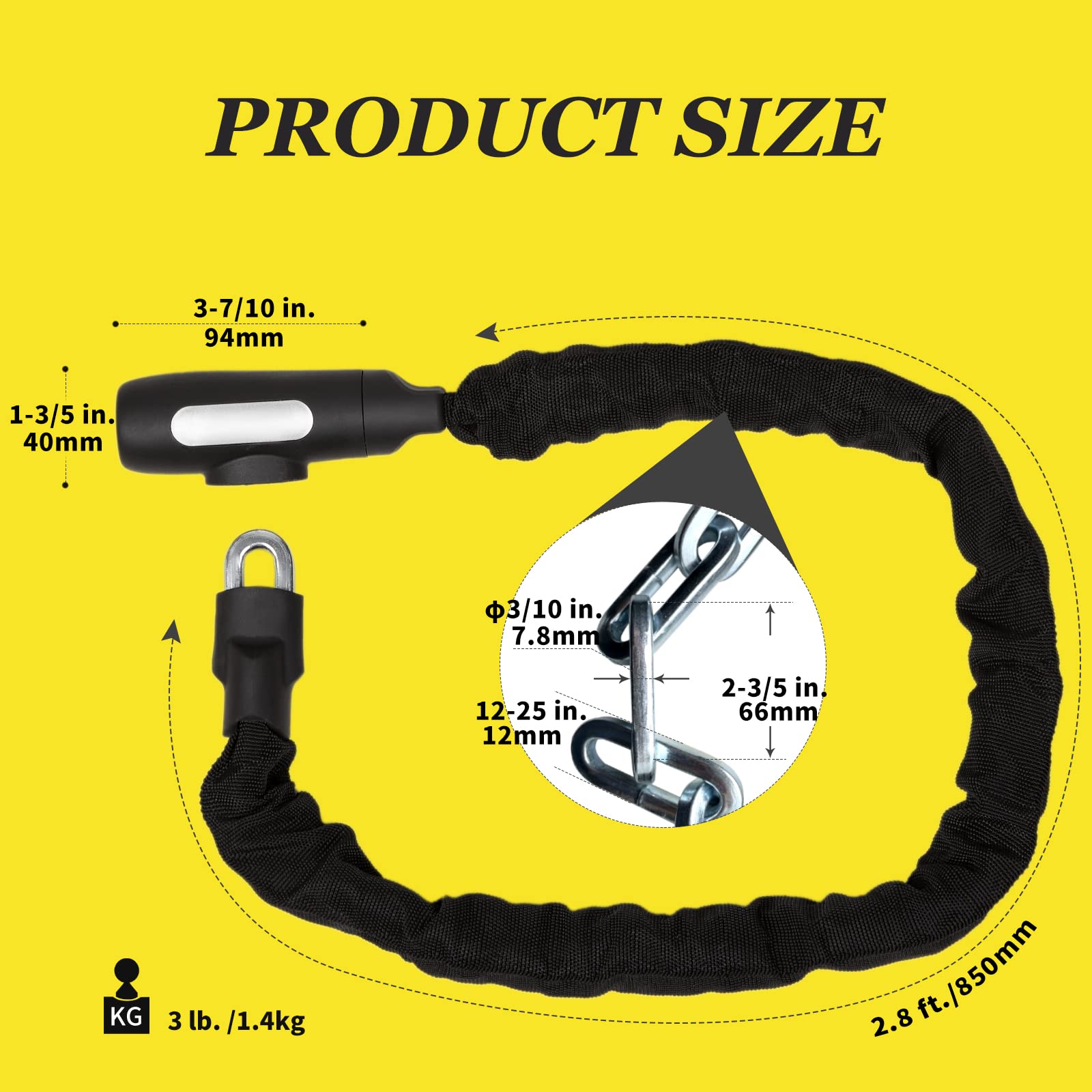 Heavy Duty Chain Lock, 6mm Thick Chain x 3 Feet Bike Lock with Keys, Anti-Theft Bicycle Chain Locks for Outside
