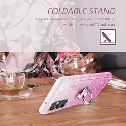 KSWOUS for Galaxy A13 5G Case with Screen Protector [2 Pack], Glitter Sparkly Bling Pink Protective Cover with Kickstand for Women Girls Slim Shockproof Case for Samsung A13 Phone Case (Pink)