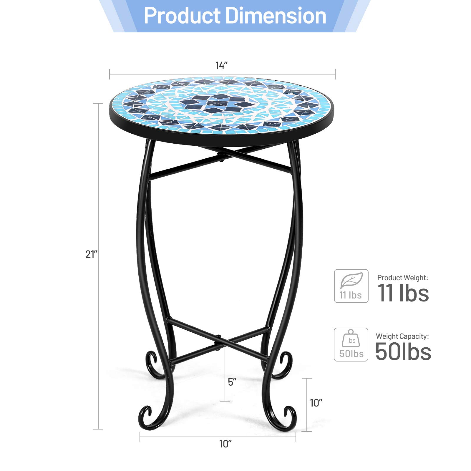 Giantex Outdoor Side Table, Mosaic Patio Table, 12 inch Accent Table Plant Stand, Ceramic Tile Top Metal Frame, Small End Table Porch Beach Patio Garden Balcony Poolside (Wave)