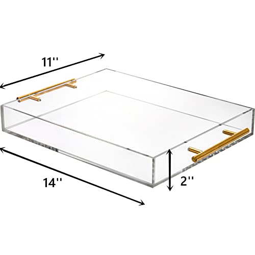 Lyellfe Acrylic Serving Tray with Gold Handles, 14 x 11 Inch Lucite Tray for Coffee Table, Spill-Proof Clear Food Serving Tray for Breakfast, Coffee, Cosmetic or Magazine