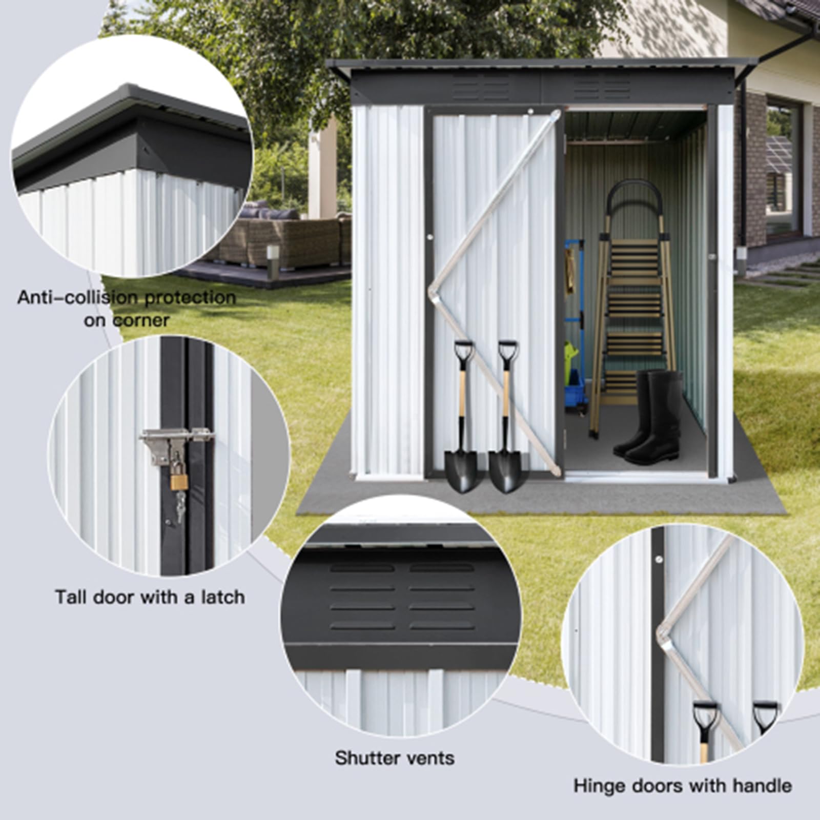 SPOFLYINN Outdoor Storing Tools Large Space Excellent Air Ventilation Easy Assembly Metal Storage Shed for Bike Trash Can Machine White One Size