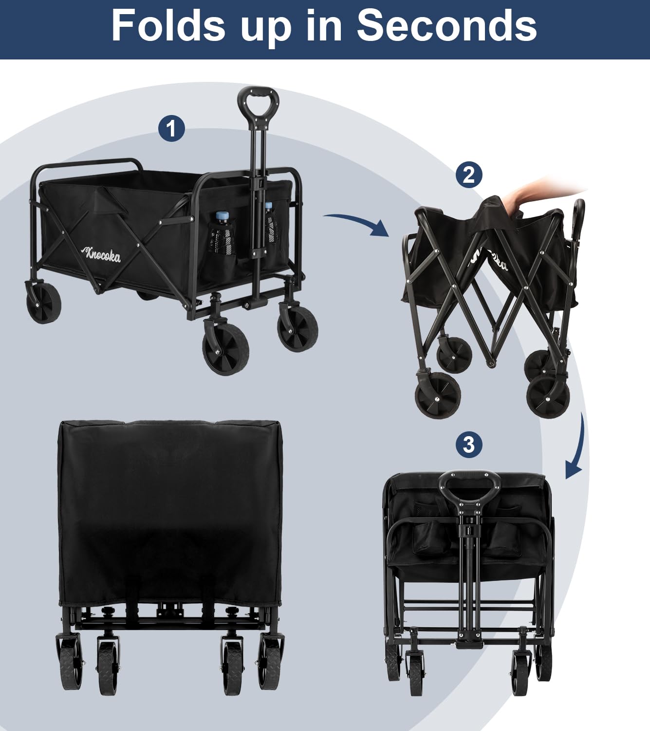 Knocoka Collapsible Folding Utility Wagon, Portable Heavy Duty Folding Wagon with 2 Drink Holders, Outdoor Collapsible Wagon for Sports, Shopping, Camping