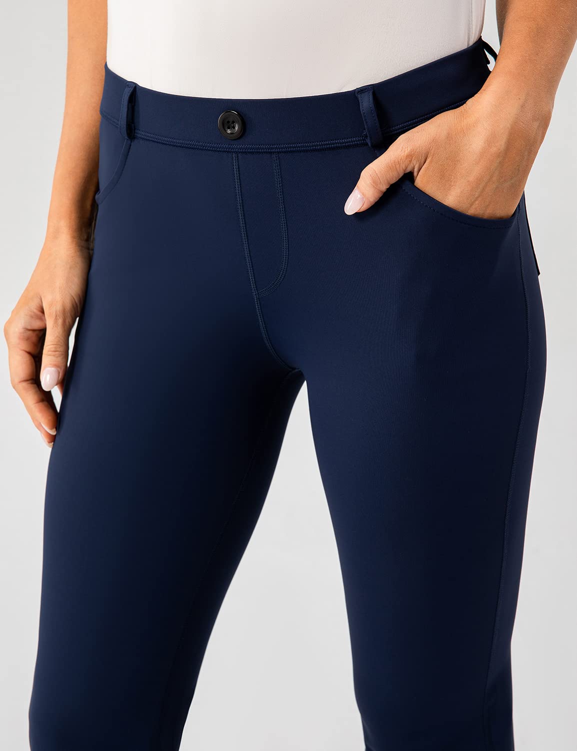 Lavento Women's Yoga Dress Pants Bootcut - Stretch Work Slacks Pull on Trousers with Pockets (Navy Blue, Medium)