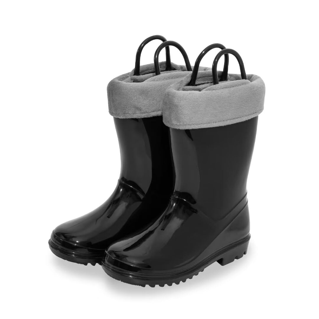 EUXTERPA Black Kids Rain Boots, Boys Winter Rain Boots with Warm Lining, Girls Waterproof Boots with Handles, Big Kid size 2