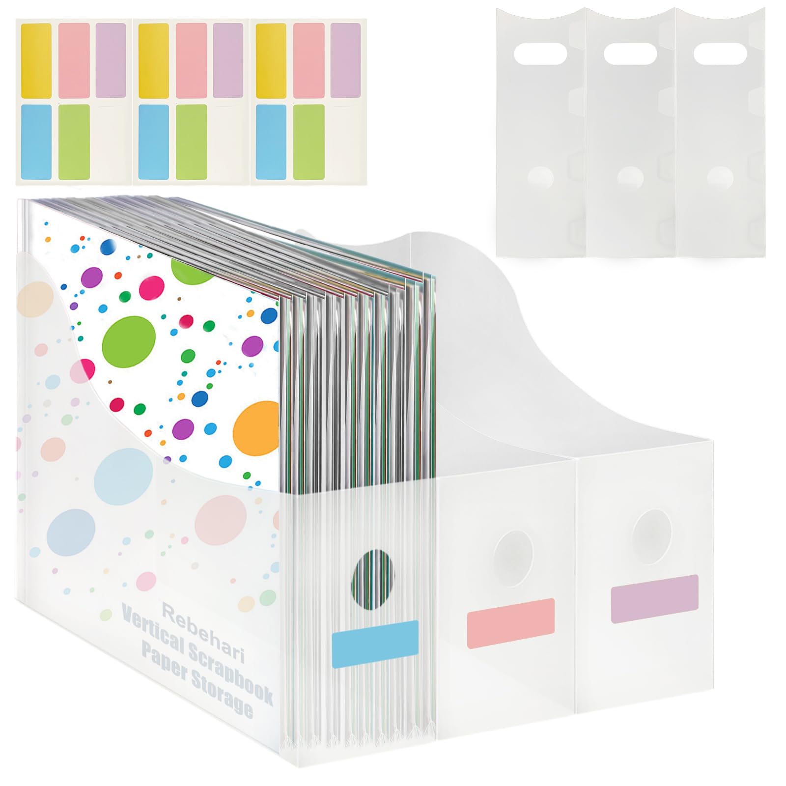 Rebehari 12"x12" Paper Storage Organizer, Vertical Scrapbook Paper Storage with 12 Pcs Sticky Index Tabs, 6 Pcs Foldable Scrapbook Paper Storage Organizer for Files, Cardstock, Magazines, Documents